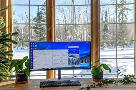 premium photo a desk with a computer monitor displaying multiple open windows