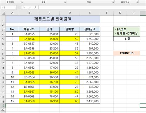 엑셀함수여러조건을 만족하는 셀의 갯수구하기 Countifs함수