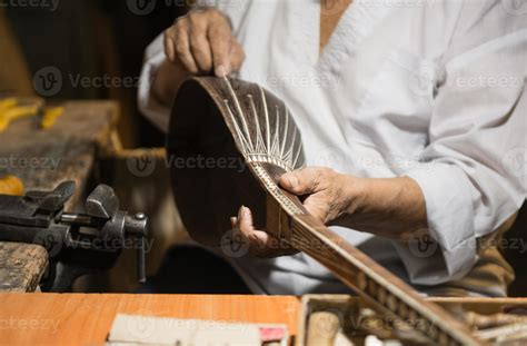 Adult Master Restores Old Musical Instruments Production Of Stringed Instruments Stock