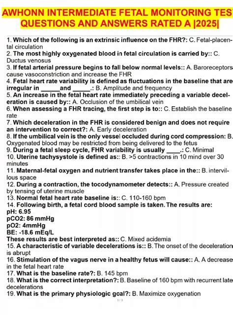 AWHONN INTERMEDIATE FETAL MONITORING TEST QUESTIONS AND ANSWERS RATED A AWHONN