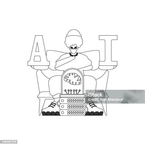 그는 선형 벡터 형식으로 묘사된 Ai 기술을 상징하는 Ai 문자를 손에 쥐고 있습니다 개발에 대한 스톡 벡터 아트 및 기타