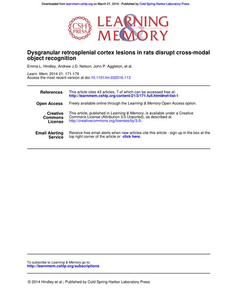 Pdf Dysgranular Retrosplenial Cortex Lesions In Rats Disrupt Cross Modal Object Recognition