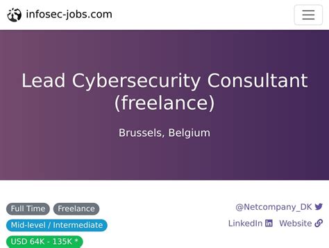 Hiring Lead Cybersecurity Consultant Freelance In Brussels Belgium