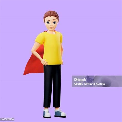 슈퍼 히어로가 양복을 입고 서있는 남자의 래스터 일러스트레이션 노란 티셔츠를 입은 젊은 남자와 손을 든 빨간 망토가 벗겨집니다 영감 세상을 구하고 창의적인 사고 위업3d