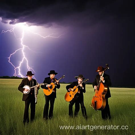Vibrant Bluegrass Band Performing Amidst Majestic Lightning Strikes