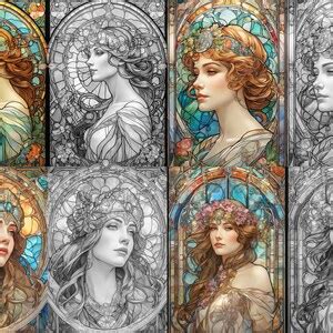 Art Nouveau Stained Glass Coloring Book Alphonse Mucha Inspired