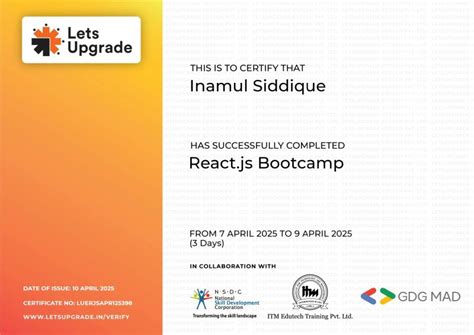 React Js Certificate📃 Inamul Siddique
