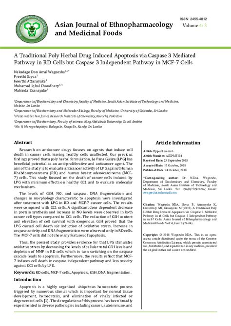Pdf A Traditional Poly Herbal Drug Induced Apoptosis Via Caspase 3 Mediated Pathway In Rd
