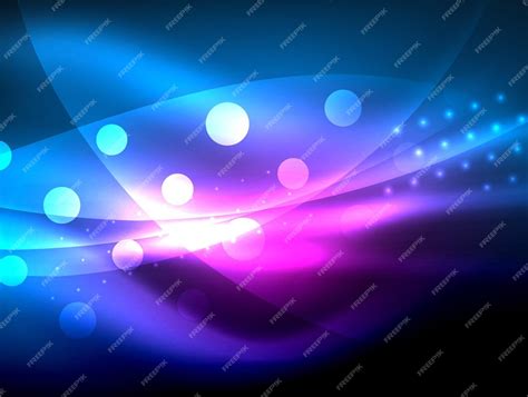 빛 효과와 함께 네온 파동 배경 반 ⁇ 이는 선과 반 ⁇ 이는 점과 함께 빛나는 색상 어 ⁇ 에서 ⁇ 터 마법 에너지