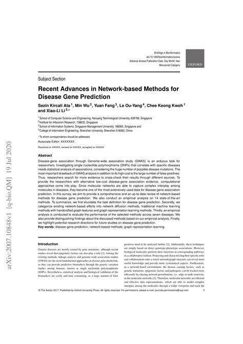 Pdf Recent Advances In Network Based Methods For Disease Gene Prediction