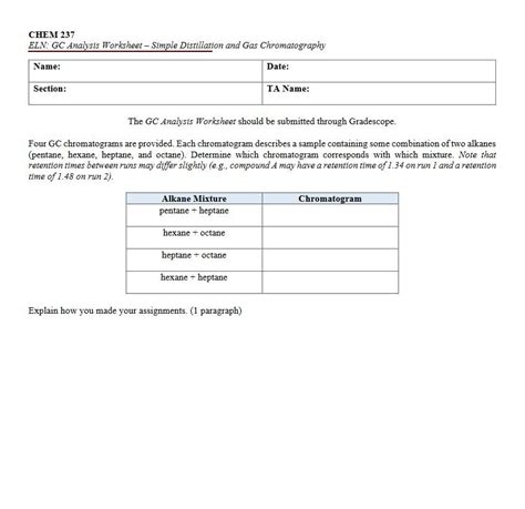 solved chem 237 eln gc analysis worksheet simple