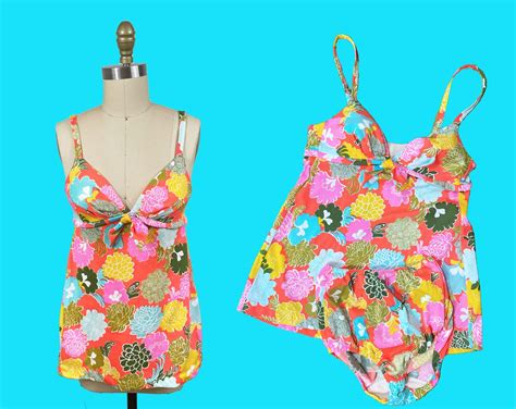 Vintage 1960s Bikini Two Piece Swimsuit Orange Pink Blue Long Size S