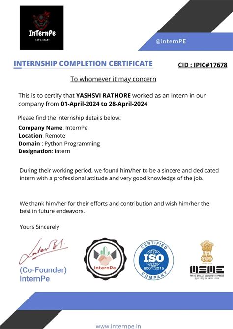 yashsvi rathore on linkedin python internship completioncertificate