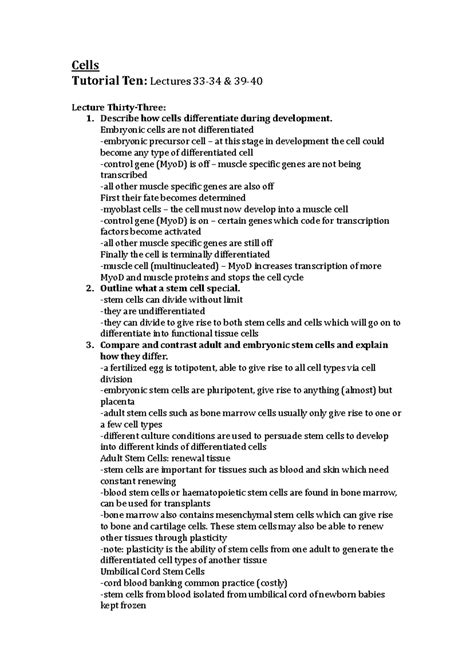 Tutorial Ten Notes Cells Cells Tutorial Ten Lectures 33 34 And 39