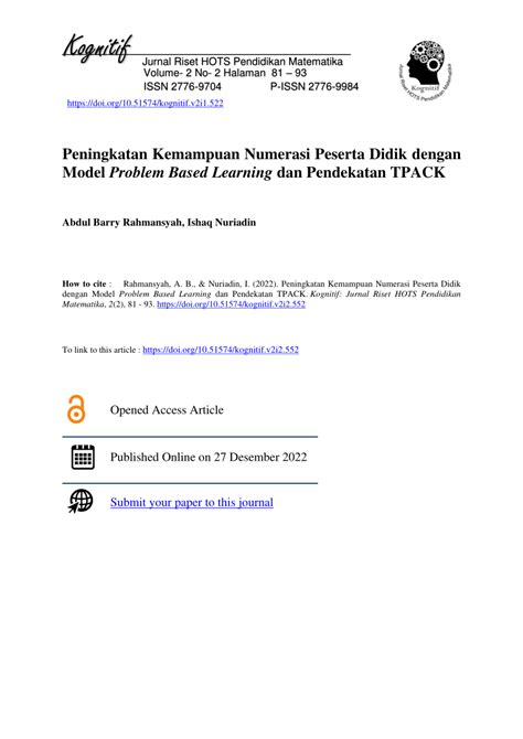 Pdf Peningkatan Kemampuan Numerasi Peserta Didik Dengan Model Problem Based Learning Dan