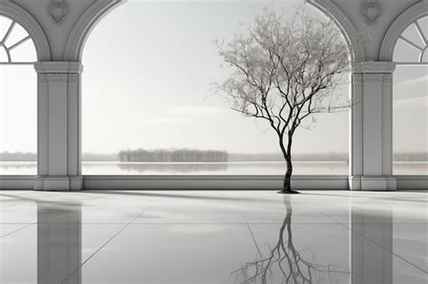 Minimalist Interior With Reflected Tree By Large Arched Windows Premium Ai Generated Image