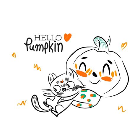 Premium Vector Hello Pumpkin Handwritten Quotes Cute Illustration With Funny Pumpkin And Kitten