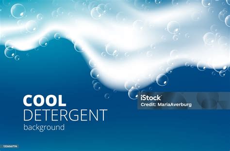 거품이있는 사실적인 비누 거품이있는 아름다운 파란색 배경 샴푸 거품 질감 빛나는 세척 위생 세제 디자인 된 텍스트입니다 벡터 일러스트레이션 3차원 형태에 대한 스톡 사진 및