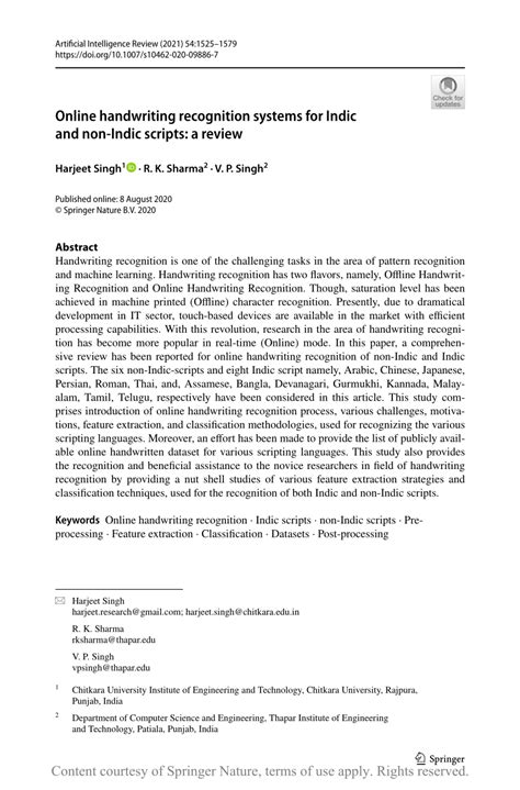 Online Handwriting Recognition Systems For Indic And Non Indic Scripts A Review Request Pdf