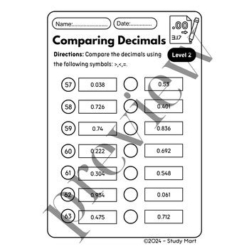 Comparing Decimals Worksheet Levels Of Practice By Study Mart