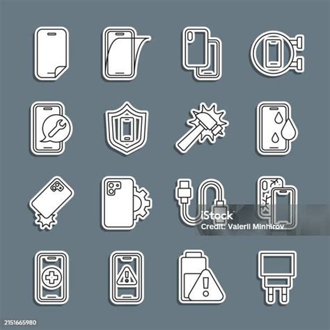 라인 충전기 깨진 화면이 있는 모바일 방수 전화 스마트폰 방패 서비스 유리 보호기 및 망치 아이콘을 설정합니다 벡터 만짐에 대한 스톡 벡터 아트 및 기타 이미지 Istock