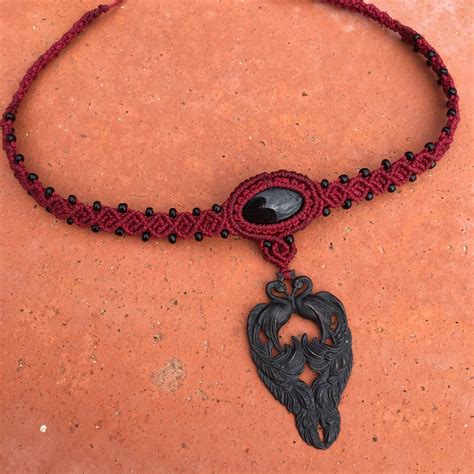Gothic Victorian Macrame Necklace With An Onyx Cabochon And A Black