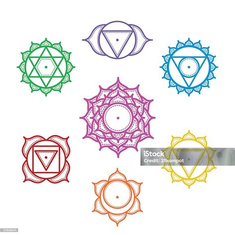 격리됨에 세트 아름다운 인도어 관상용 7개의 샤크라 벡터 Il 차크라에 대한 스톡 벡터 아트 및 기타 이미지 차크라 기하