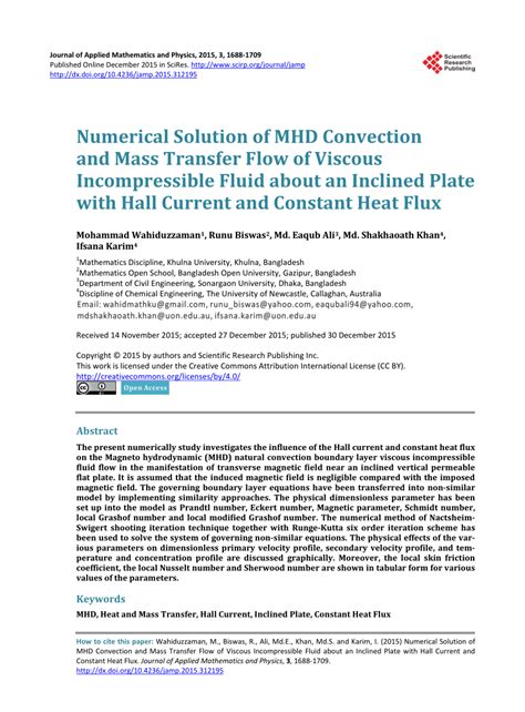 Pdf Numerical Solution Of Mhd Convection And Mass Transfer Flow Of Viscous Incompressible