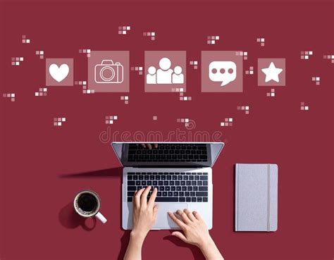 social media theme with person using a laptop stock image image of