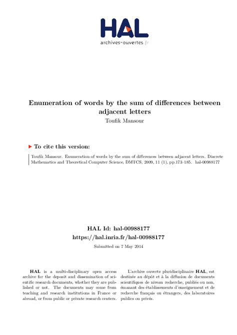 Pdf Enumeration Of Words By The Sum Of Differences Between Adjacent Letters