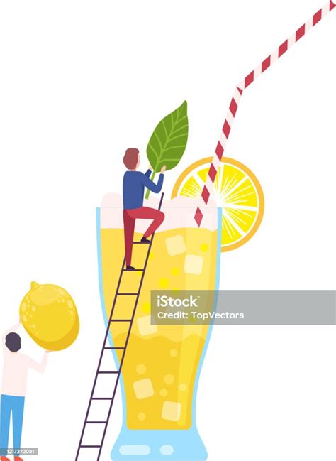 작은 사람들 만들기 칵테일 젊은 남자 넣어 민트 잎과 레몬 큰 유리와 주 차가운 달콤한 여름 음료 벡터 일러스트 개념에 대한