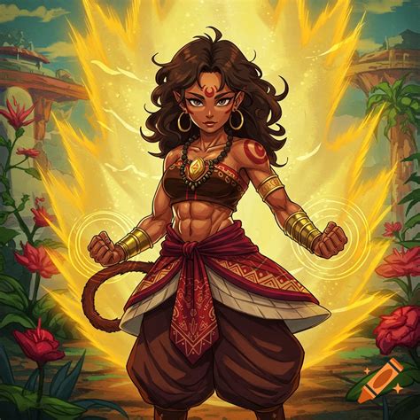 Muscular Woman With Saiyan Features In A Fantasy Setting Anime Style