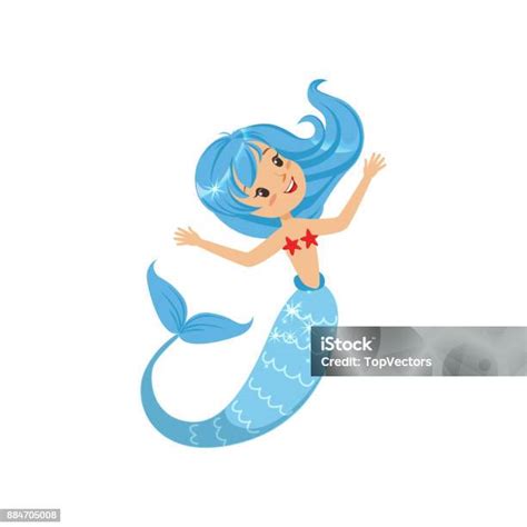 수 중 세계에서 아름 다운 작은 인 어 만화 파란 머리와 물고기 꼬리와 신화 소녀 바다와 바다 테마입니다 평면 벡터 일러스트