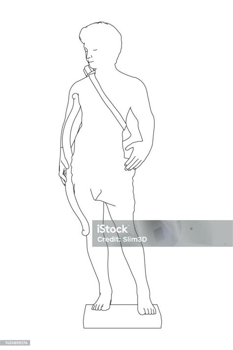 흰색 배경에 고립 된 검은 선에서 남성 궁수 조각품의 윤곽선 정면보기 벡터 일러스트레이션 개념에 대한 스톡 벡터 아트 및 기타