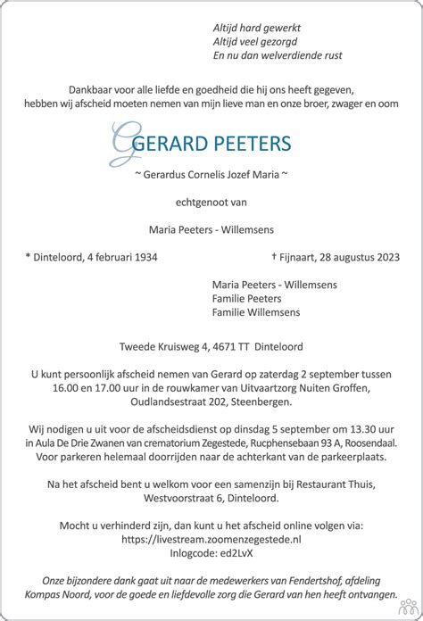 Gerard Gerardus Cornelis Jozef Maria Peeters 28 08 2023