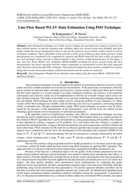 Pdf Line Flow Based Wlav State Estimation Using Pso Technique