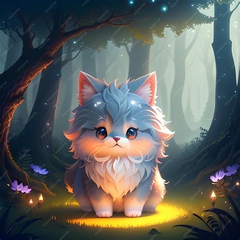 Premium Ai Image Cute Cat Animation In Magical Background