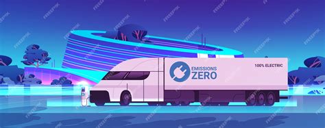 충전 발전소 충전기 Ev 관리 제로 배출 운송 개념 수평 벡터 일러스트 레이 션에서 배터리 차량을 충전하는 전기 세미 트럭 프리미엄 벡터