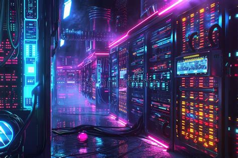 Cyberpunk Data Center With Holographic Interfaces And Neonlit Server