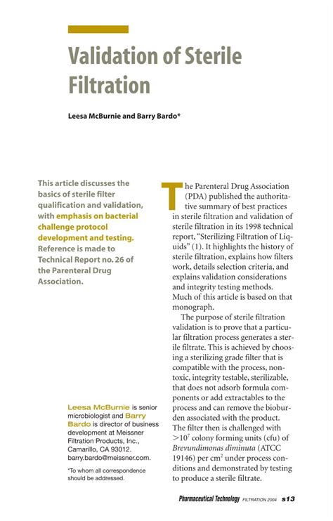 Validation Of Sterile Filtration Pharmaceutical Technology