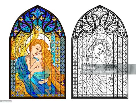 성모 마리아와 아이의 그림 고딕 스테인드 글라스 창문 색칠하기 책을 위한 다채롭고 흑백 그림 서유럽의 중세 건축 양식 벡터