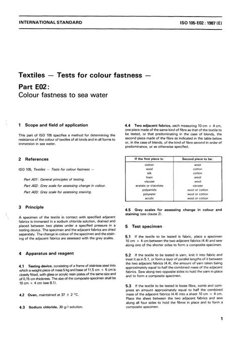 ISO 105 E02 1987 Textiles Tests For Colour Fastness Part E02 Colour Fastness To Sea Water