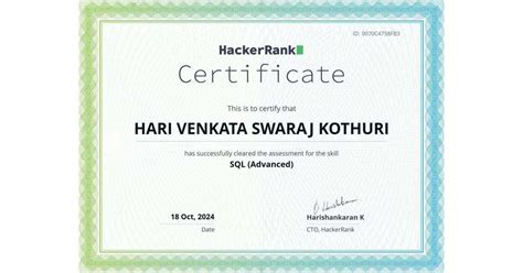 hari venkata swaraj kothuri on linkedin hackerrank skill certificate