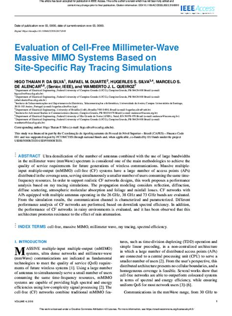 Pdf Evaluation Of Cell Free Millimeter Wave Massive Mimo Systems Based On Site Specific Ray