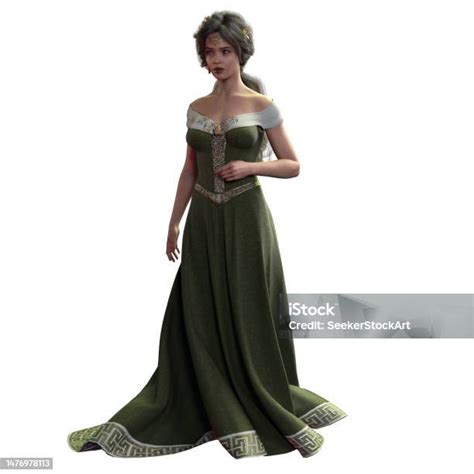 갈색 머리 중세 판타지 여자는 고립된 흰색 배경에 긴 녹색 드레스를 입고 3d 그림 3d 렌더링 0명에 대한 스톡 사진 및 기타 이미지 Istock
