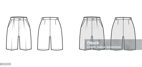 짧은 버뮤다 드레스 팬츠 기술 패션 일러스트와 위 무릎 길이 싱글 플리트 정상 허리 고층 0명에 대한 스톡 벡터 아트 및 기타 이미지 Istock