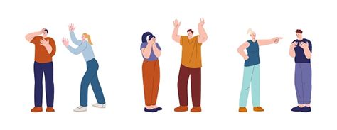 부부는 맹세하고 비명을 지르고 굴욕감을 느낍니다 공격적이고 두려운 캐릭터 학대와 왕따 가족 다툼 벡터 플랫 남성과 여성 부정적인 감정 Scandal에 대한 스톡 벡터 아트