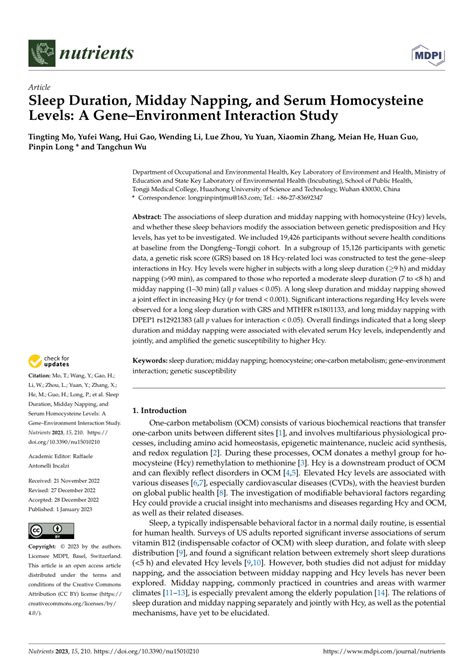 Pdf Sleep Duration Midday Napping And Serum Homocysteine Levels A Geneenvironment