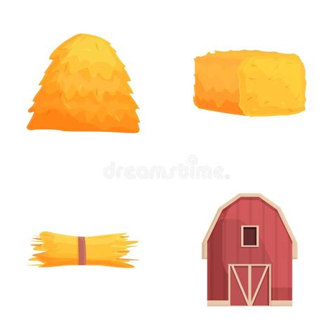 Hayloft Icons Set Cartoon Vector Bale And Stack Of Dry Hay And Storage