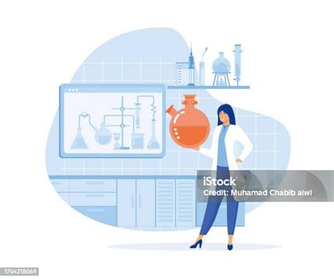 플라스크를 든 여성 과학자 실험 과학자 실험실 조수 생화학 플랫 벡터 현대 일러스트 레이 션 개념에 대한 스톡 벡터 아트 및 기타 이미지 Istock
